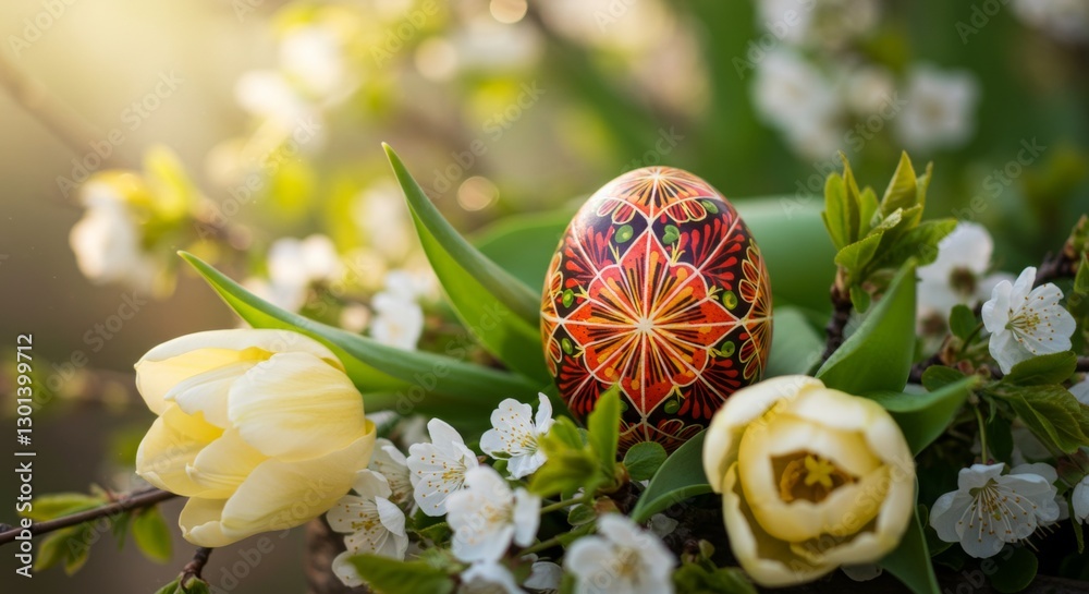 Coloring egg among spring flowers Stock Photo | Adobe Stock