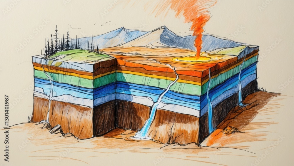 Colored pencil drawing of land cross section with layered earth and ...