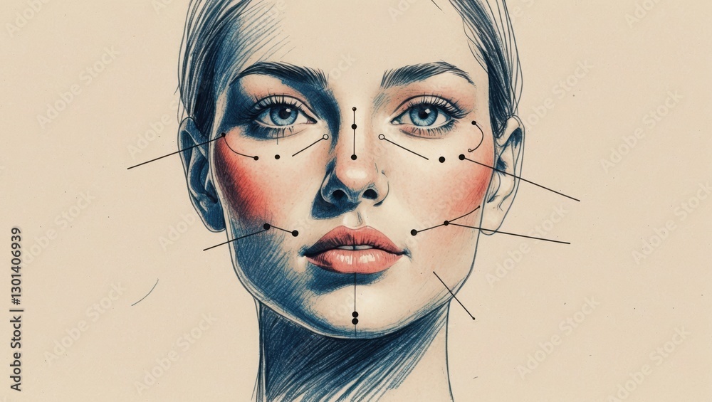 Sketch of woman face with blue eyes and red cheek. Drawing has black ...