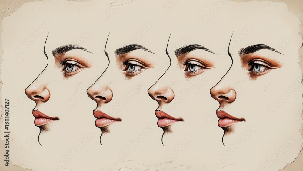 Face Profile Sketch. Multiple head drawing in side position shows eye ...