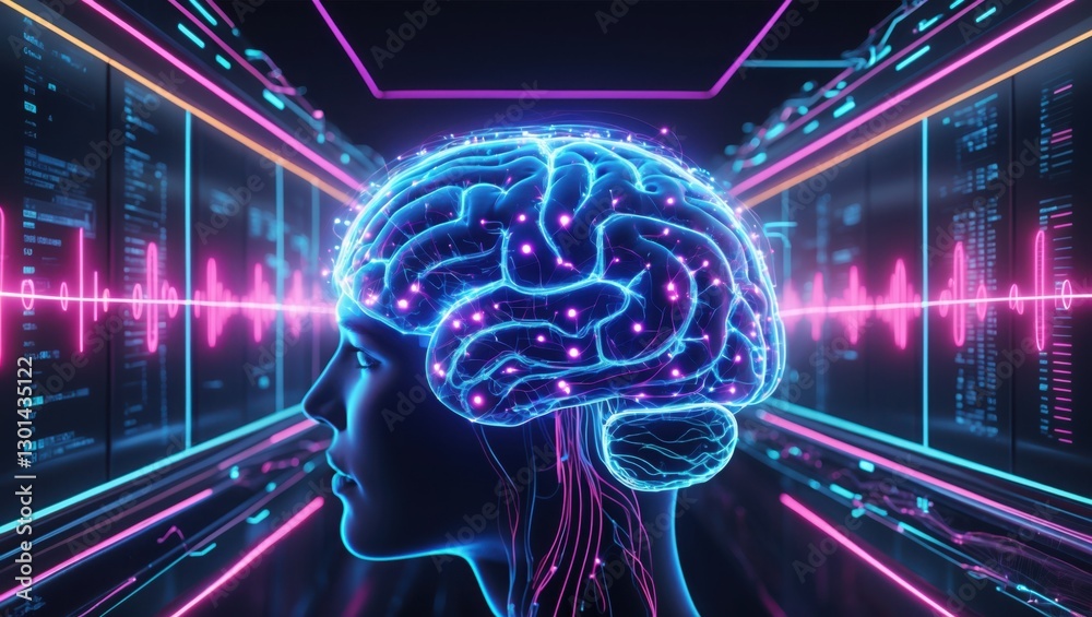 Glowing brain illustration with pink pulses and blue lines. Abstract ...