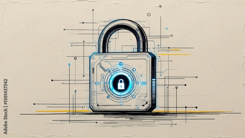 Security lock on tan background. Digital blueprint of padlock with blue ...