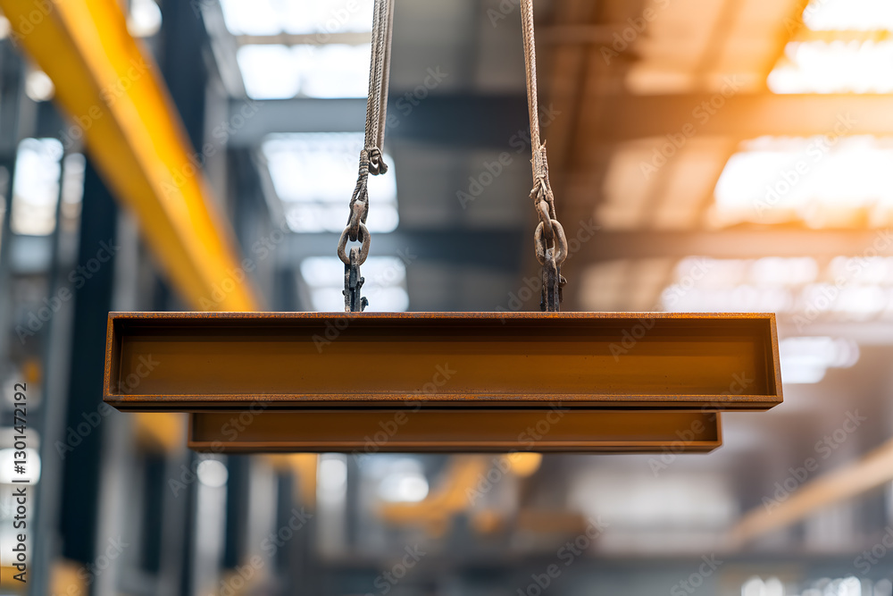 Steel beams suspended by chains in industrial setting, showcasing ...