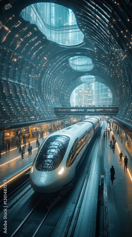 Commuters navigate a futuristic city transit hub featuring innovative ...