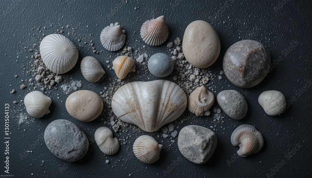 Collecting natural treasures seashells and stones display coastal beach ...