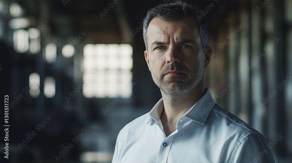 Project manager in an industrial setting, modern factory background ...