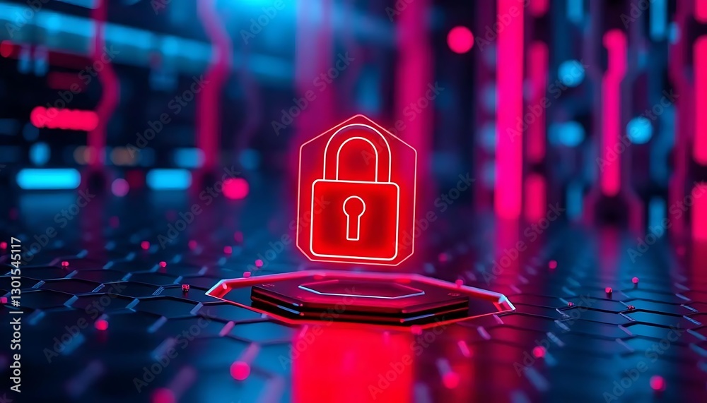 Cyber security glowing lock icon in hexagonal grid pattern with red and ...