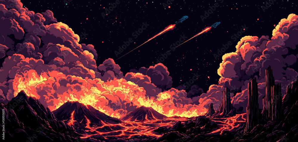 Pixel Art Volcano Landscape with Fiery Eruption, Meteor Shower, Dark ...