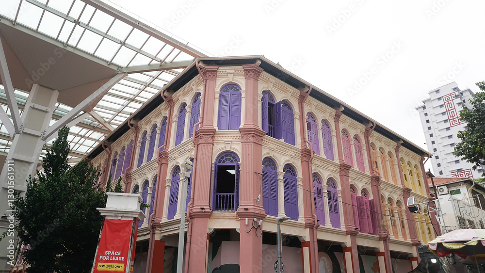 Facade of famous colorful colonial shop houses in Singapore Chinatown ...