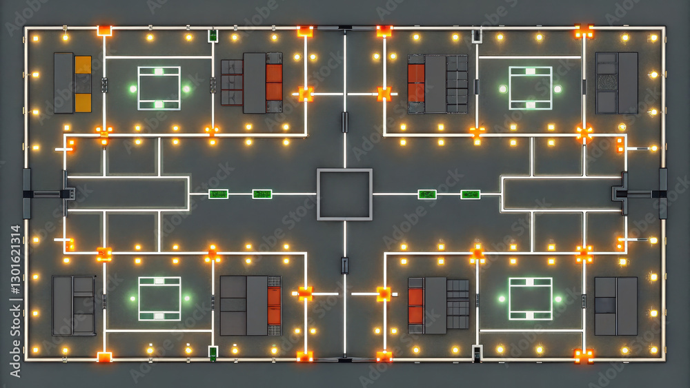Evacuation floor plan with illuminated exit paths and furniture layout ...