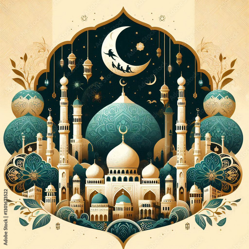 Eid Ul Fitr celebration image with crescent moon, stars, buildings and ...