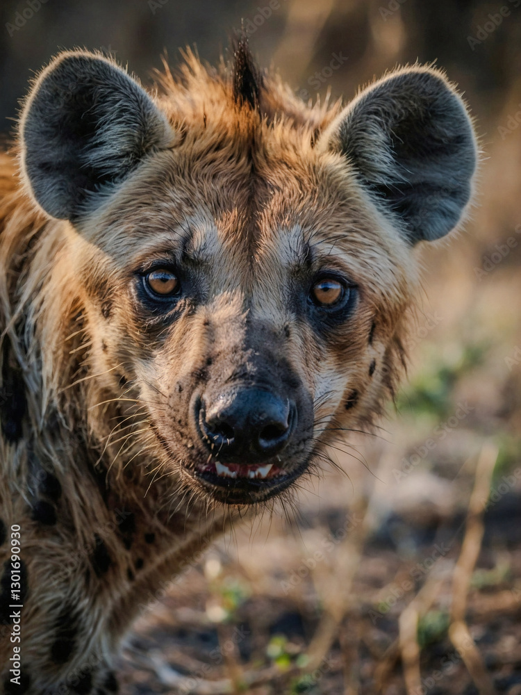 An up-close image of a hyena in the wild, emphasizing its unique and ...