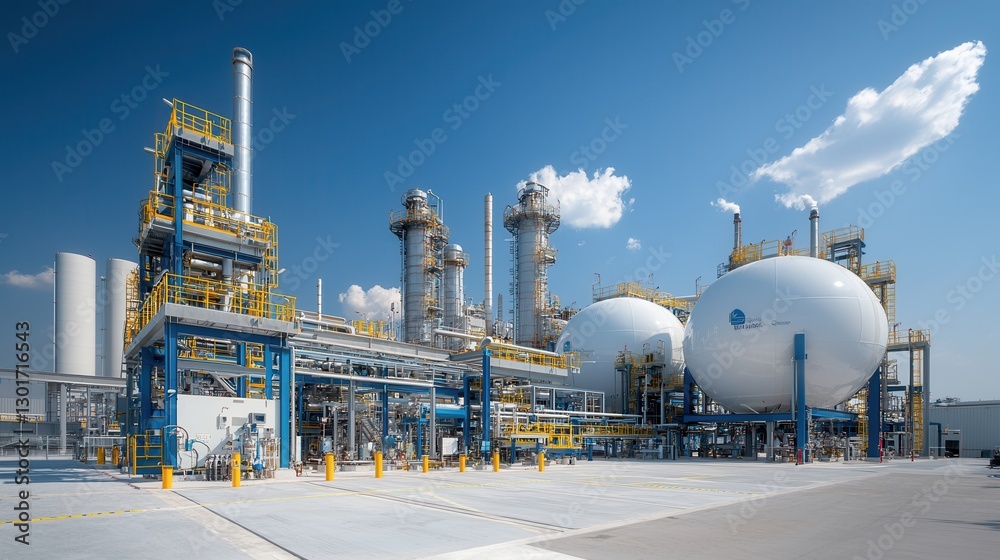 Expansive industrial fuel refinery featuring large spherical storage ...