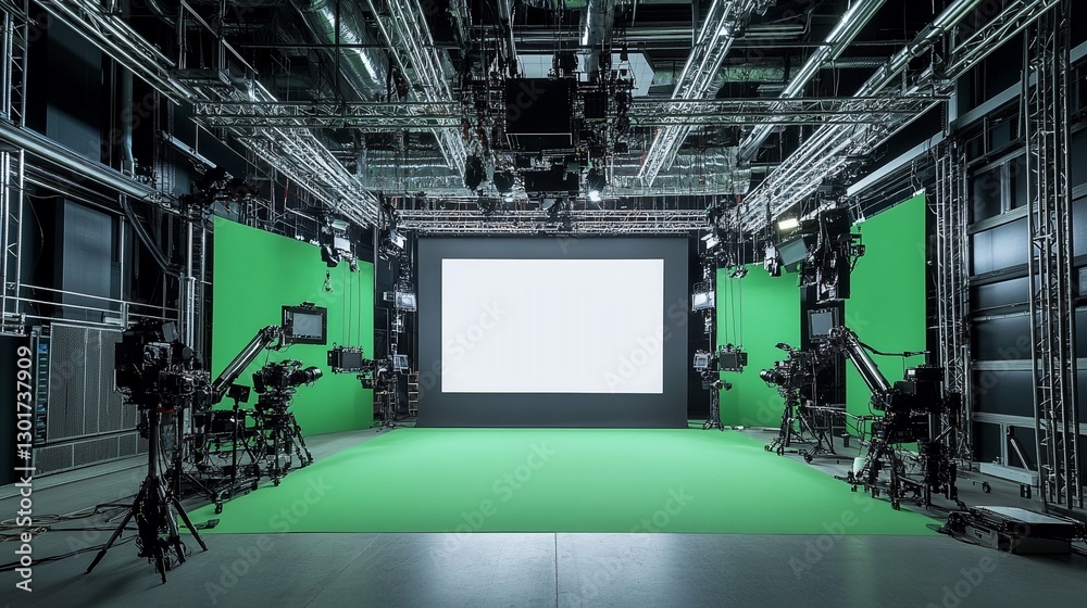 High-Tech Industrial TV Studio with Green Screen Walls, Professional ...