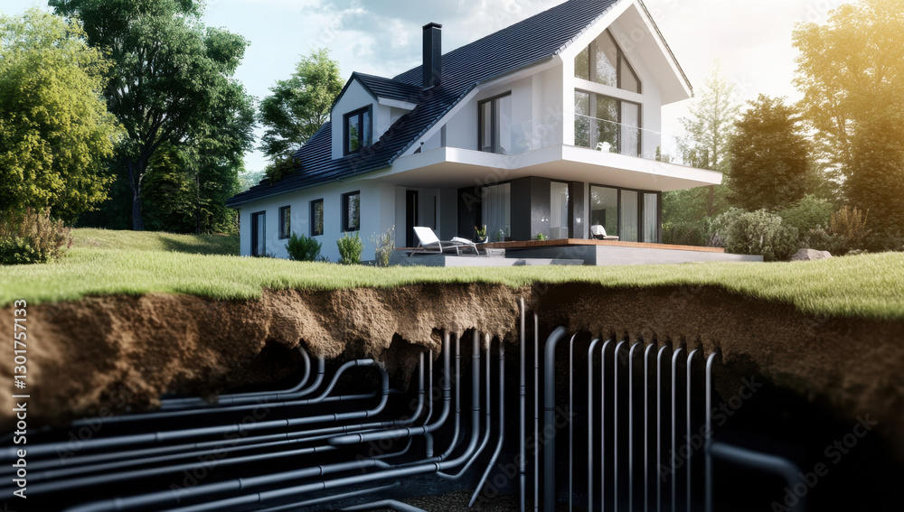 A cross-section of a house, illustrating underground plumbing pipes ...
