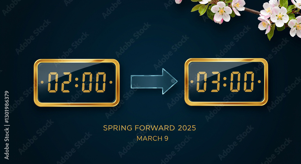 Spring Forward 2025 poster showing clock change from two AM to three AM ...