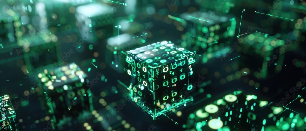 Glowing digital alphabet matrix blocks dissolve to binary in a high-tech environment with a ...