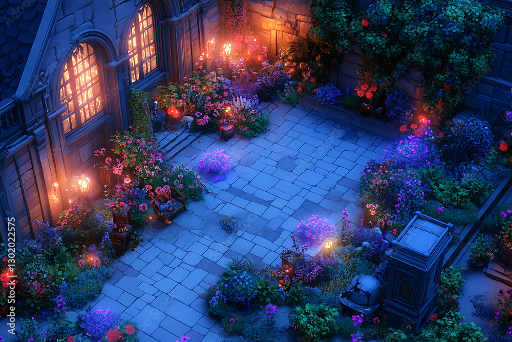 Isometric Battle Map Game Garden View Pixel Art at Night with Glowing ...