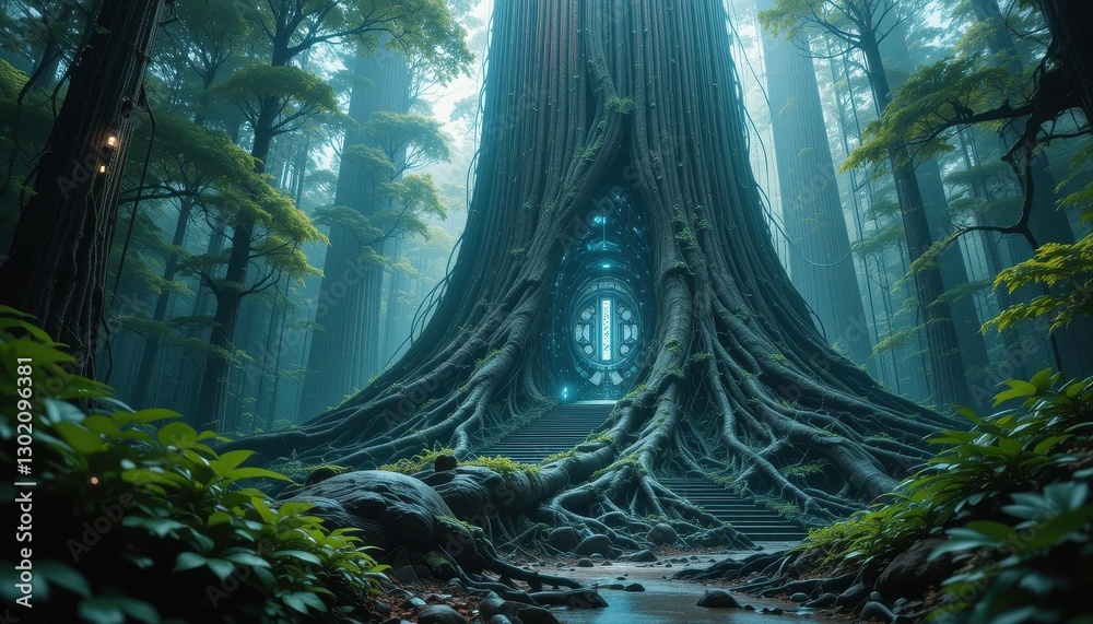 Mystical Forest Gateway Ancient Tree Roots Enveloping a Glowing Portal ...