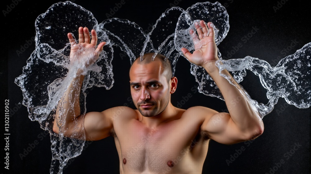 Shirtless muscular man with short hair, water splashing dramatically on ...