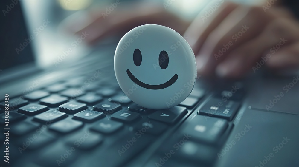 Smiley face on laptop keyboard, user typing, office background ...