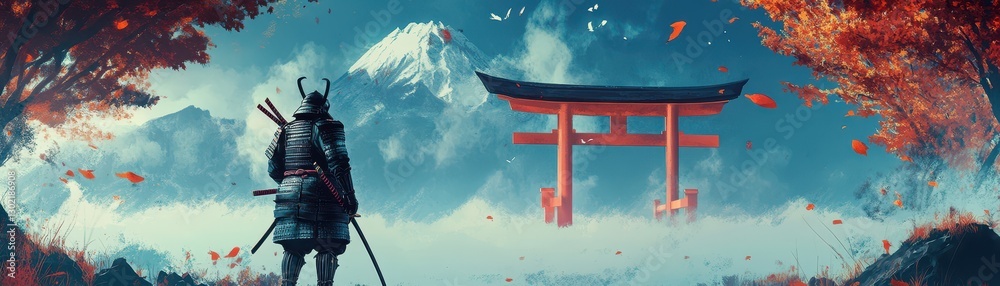 Majestic samurai warrior in full armor, standing under a red torii gate ...
