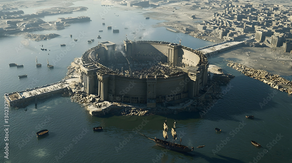 Stone amphitheater on island, ships in water, coastal city background ...