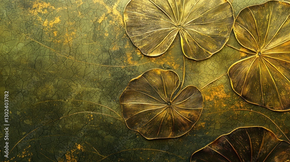 Intricate lotus leaf patterns in shimmering gold lines over a textured ...