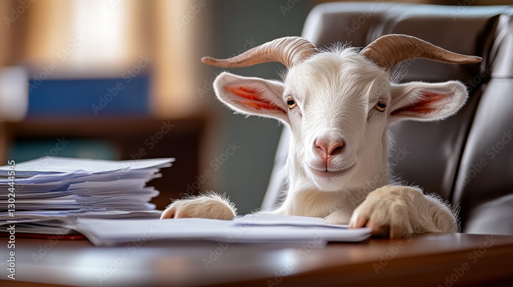 Goat is sitting on a desk with papers in front of it. The goat appears ...