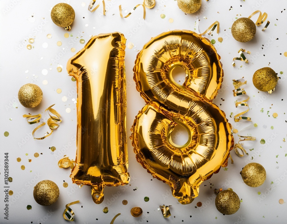 Gold balloon number 18 for eighteenth birthday or anniversary party ...