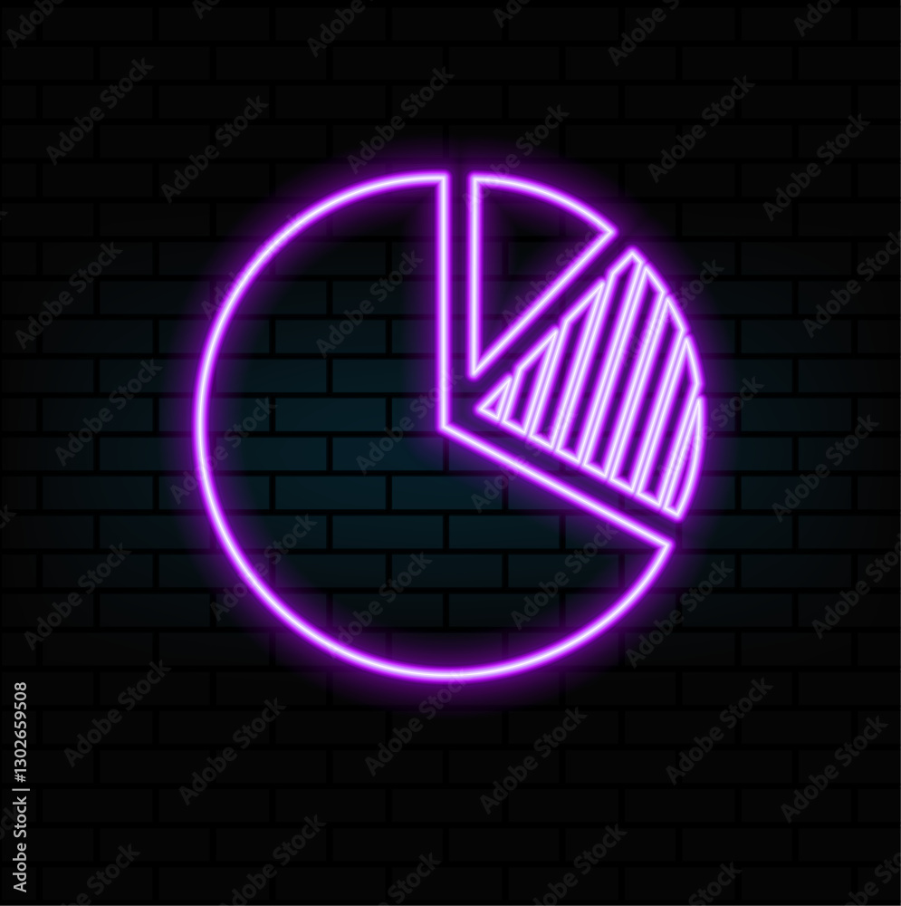 3d rendering wireframe digital techno neon glowing symbol of pie chart with slice with shining ...