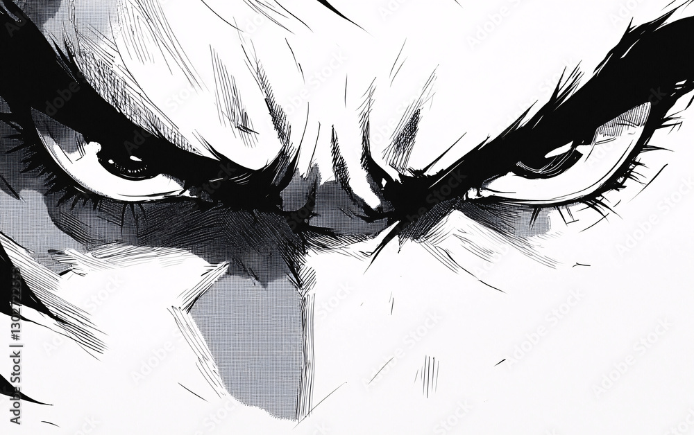 High-contrast black-and-white illustration of an intense, angry ...