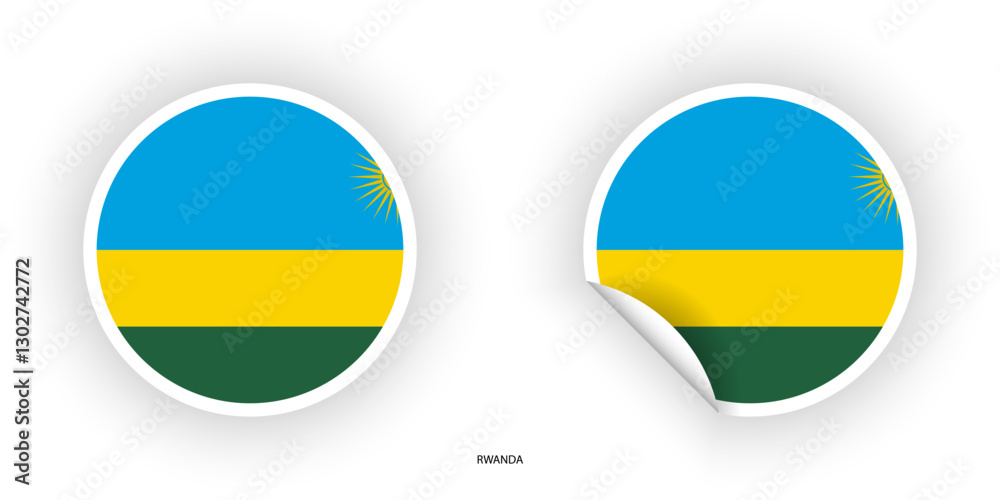 Rwanda sticker flag in circle shape and circle peeled shape on white ...