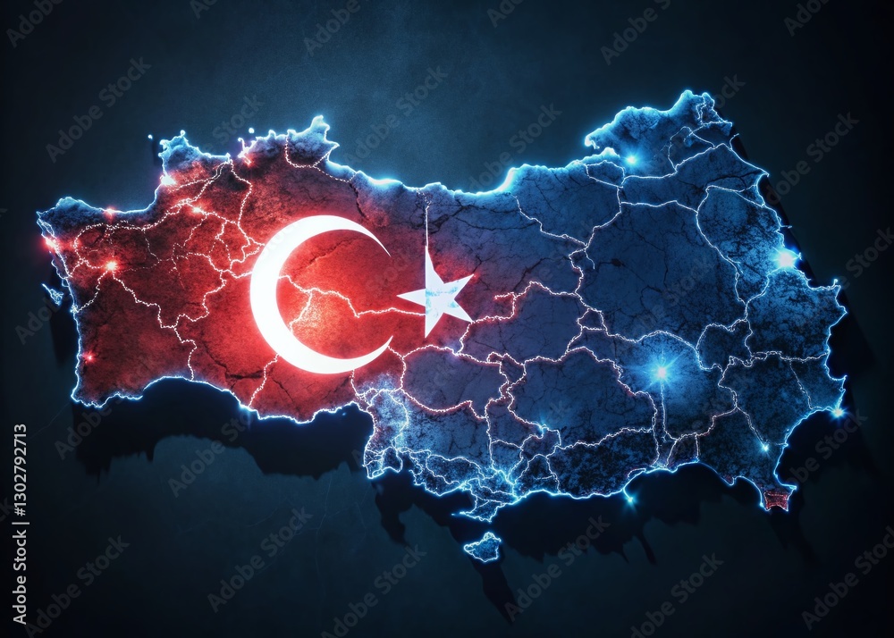 Turkey Map Night Photography - Detailed Geopolitical Map with National ...