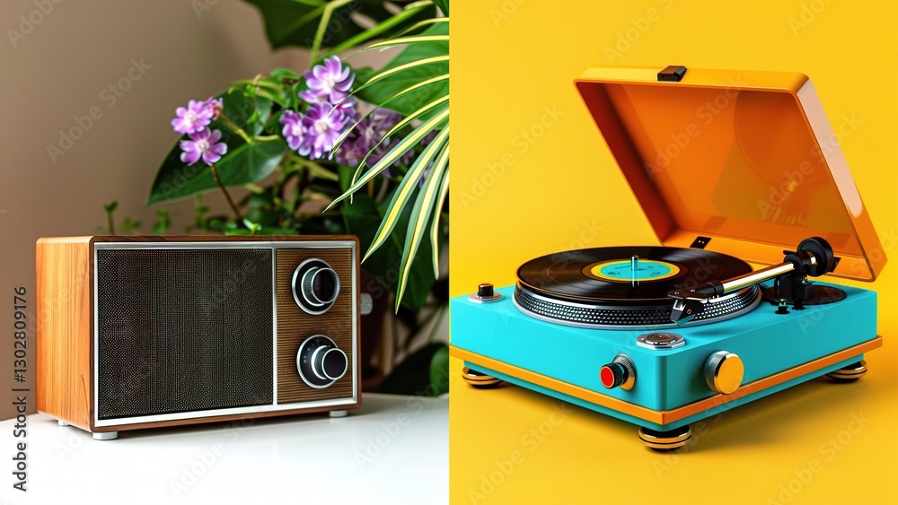 Vintage radio and modern turntable, showcasing a blend of nostalgia and ...