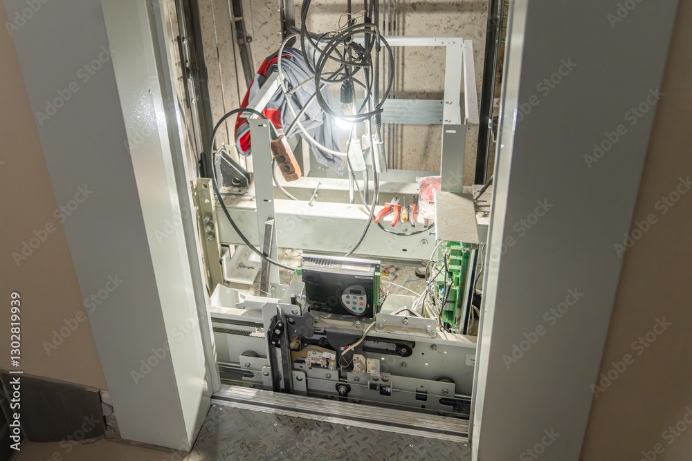 Inspection of Elevator Mechanism featuring Exposed Wiring Components ...