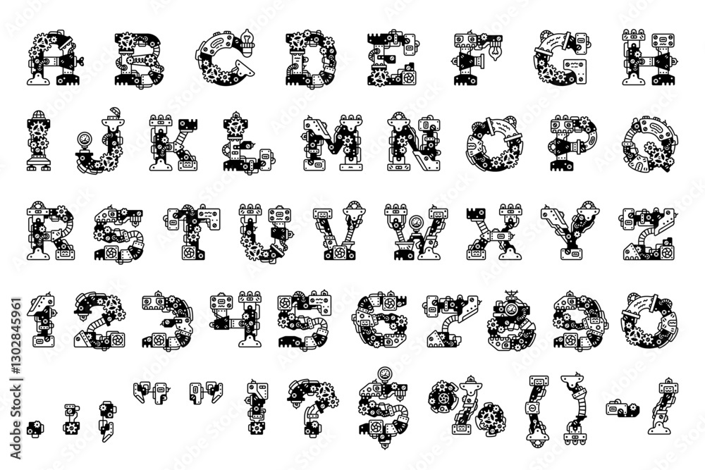 Steampunk font, machine gear typeface, mechanic type, english alphabet ...