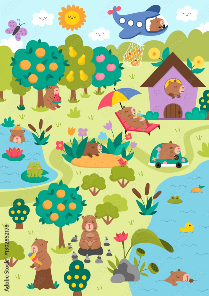 Vector capybara landscape illustration. Cute scenery with capibara ...