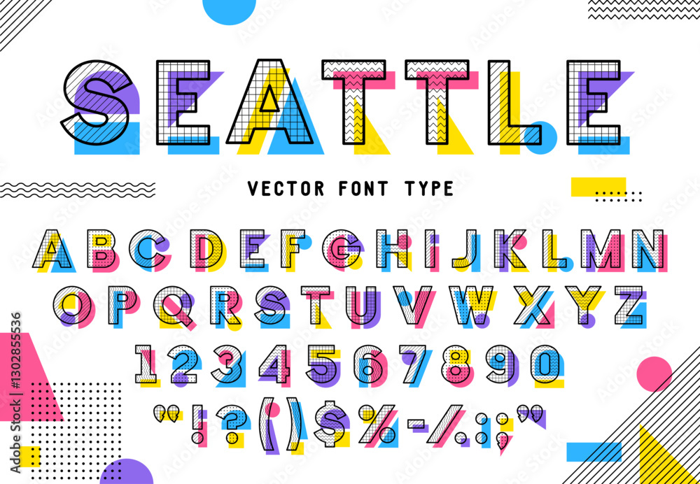 Modern memphis font, party typeface, 90s 80s geometric type. English ...