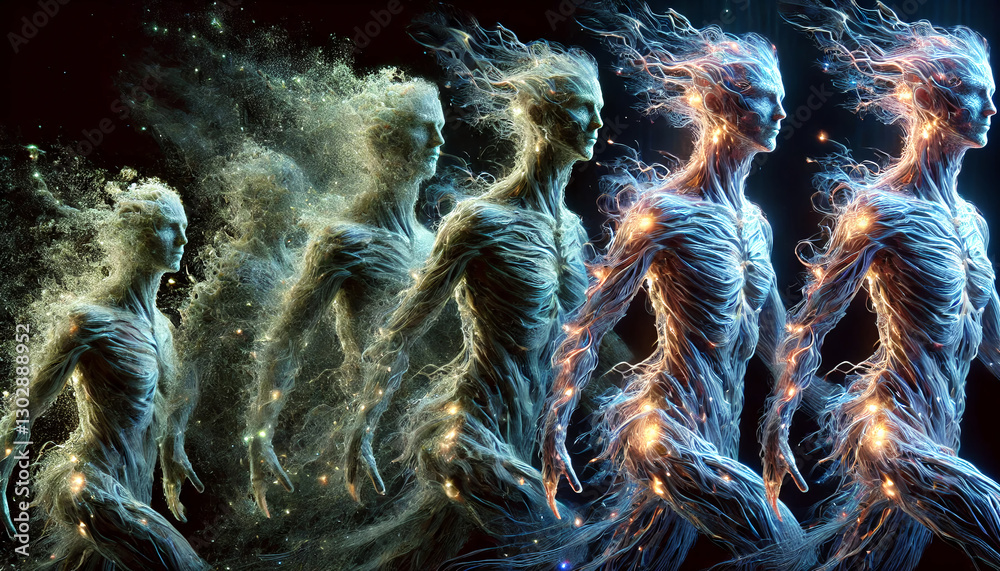 "The process of biomass transformation into a human form, the scene ...
