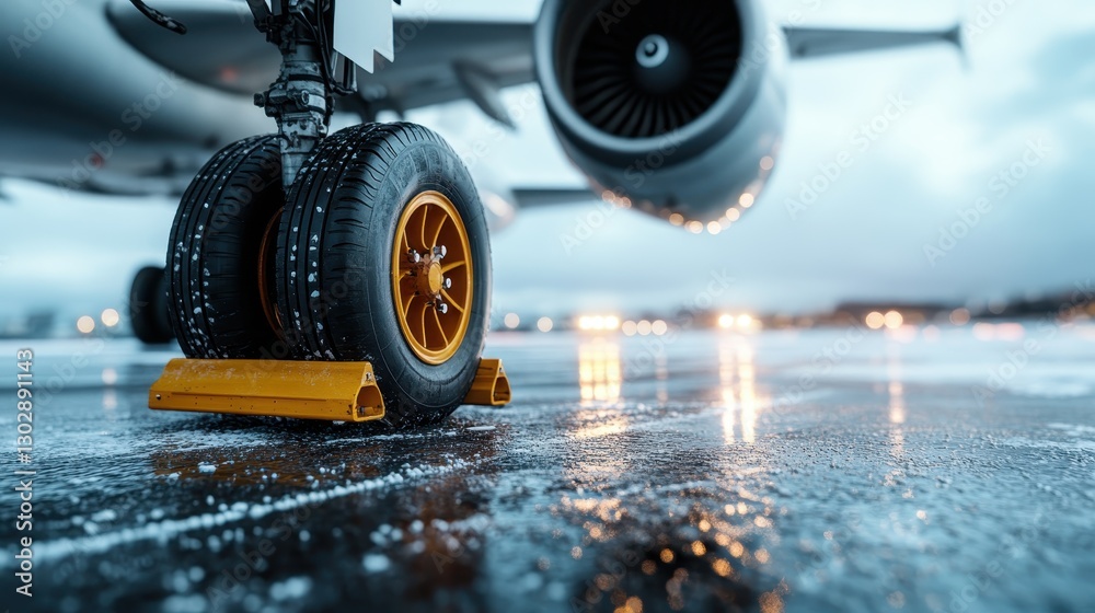 Capturing the close-up view of airplane landing gears, showcasing ...