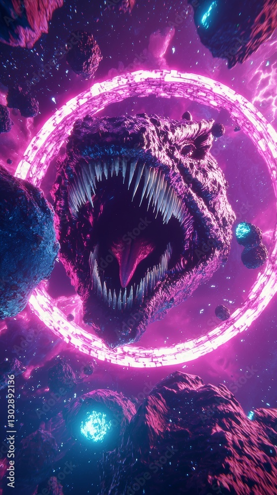 Alien world in deep space surrounded by pulsating neon rings, grotesque ...