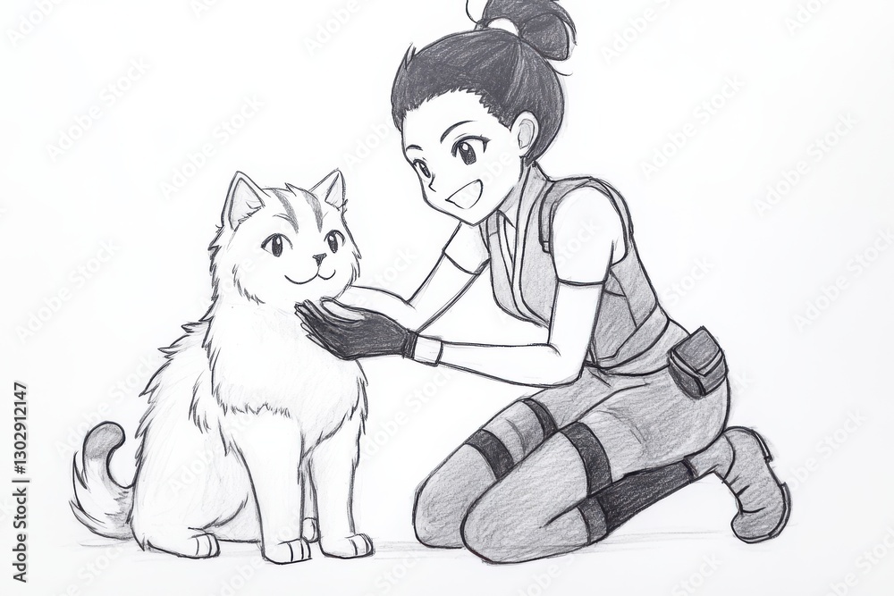 Discover a charming minimalist pencil sketch of an anime girl kneeling ...