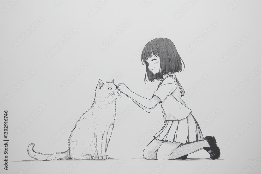 Discover a minimalist pencil sketch of an anime girl kneeling, with no ...