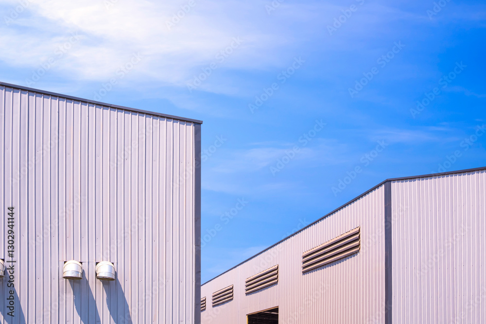 Two white factory industrial buildings structure with ventilation duct ...