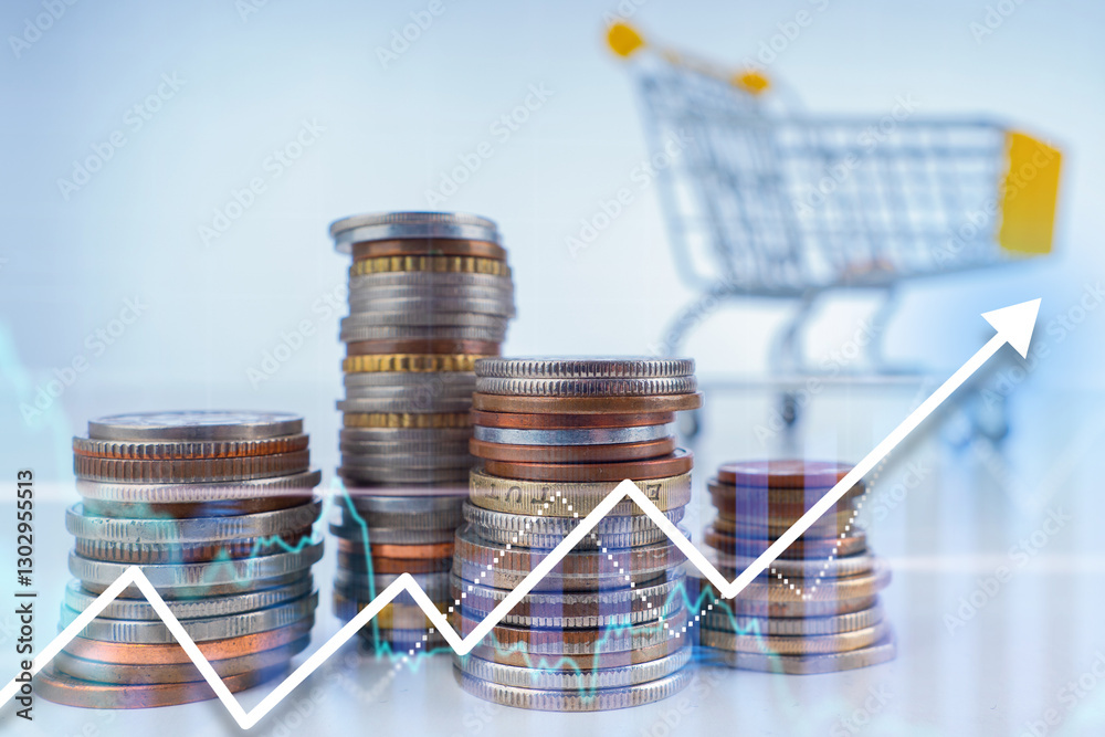 Inflation chart. Up arrow near coins. Grocery basket symbolizes prices ...