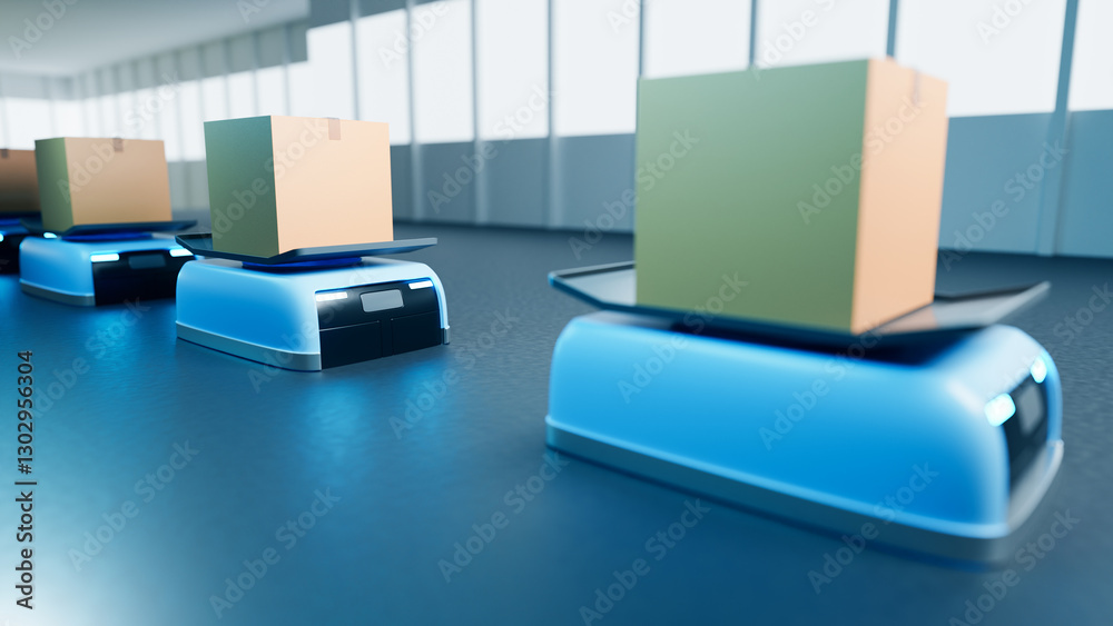 Fulfillment robots in hangar. AGV with card boxes. Automated guided vehicles. Warehouse ...