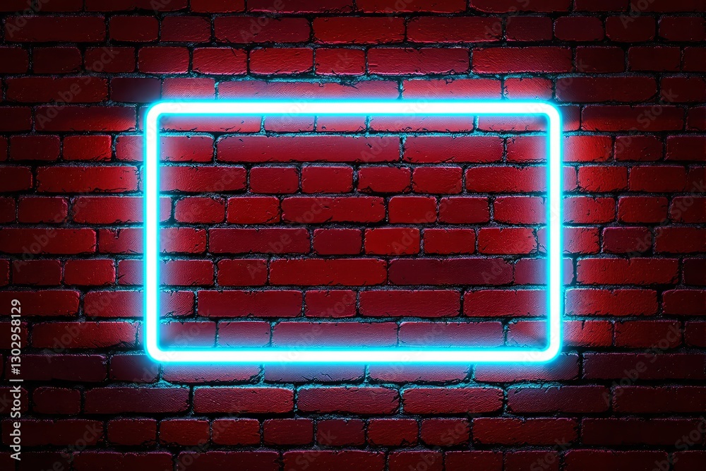 Neon blue rectangle frame on red brick wall background, glowing light ...