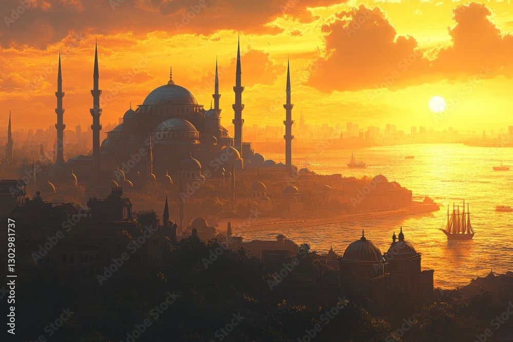 Sunset over a grand mosque by the sea. の Stock イラスト | Adobe Stock