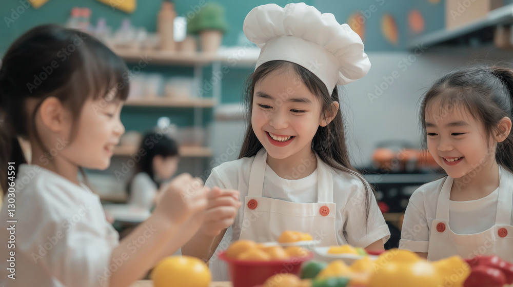 Joyful children in a vibrant kindergarten pretend to be little chefs ...